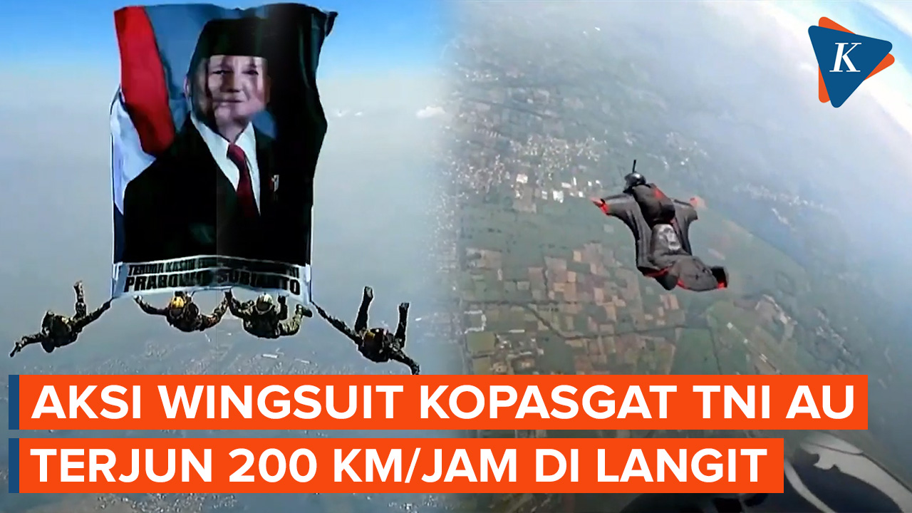 Aksi Wingsuit Kopasgat TNI AU Disaksikan Prabowo, Terjun 200 Km/Jam di Langit